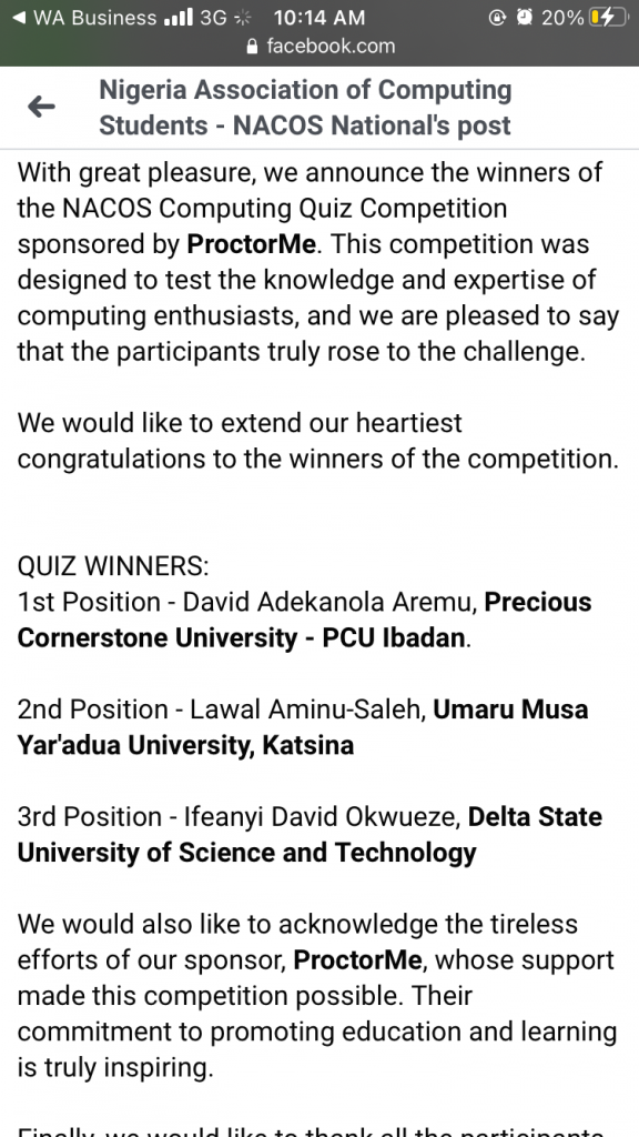 PCU Computer Science Student emerges Winner of NACOS Quiz competition ...